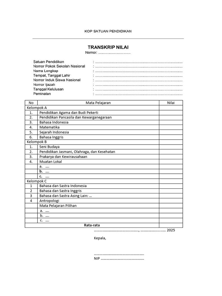 Contoh Transkrip Nilai Kurikulum 2013 Peminatan Bahasa Dan Budaya | PDF
