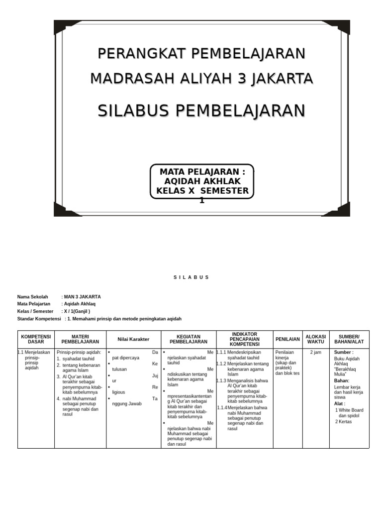 Silabus Aqidah Akhlak Ma Kelas X, 1-2 Man 3 | PDF