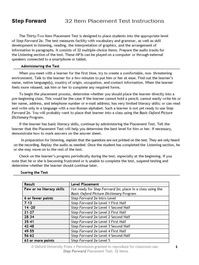 Step Forward 32-Item Placement Test | PDF | Employment | Literacy