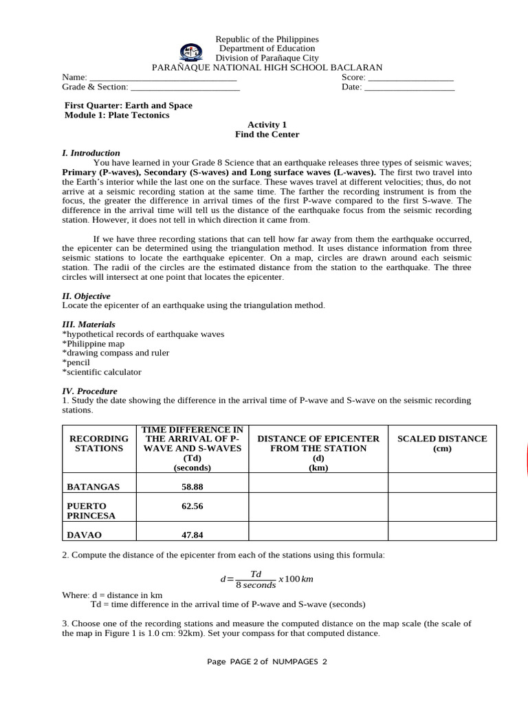 Module 1 Activity 1 Find The Center | PDF | Seismology | Earthquakes