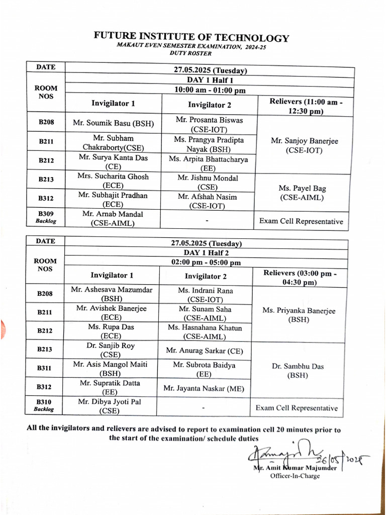Exam Duty 27th and 28th May | PDF