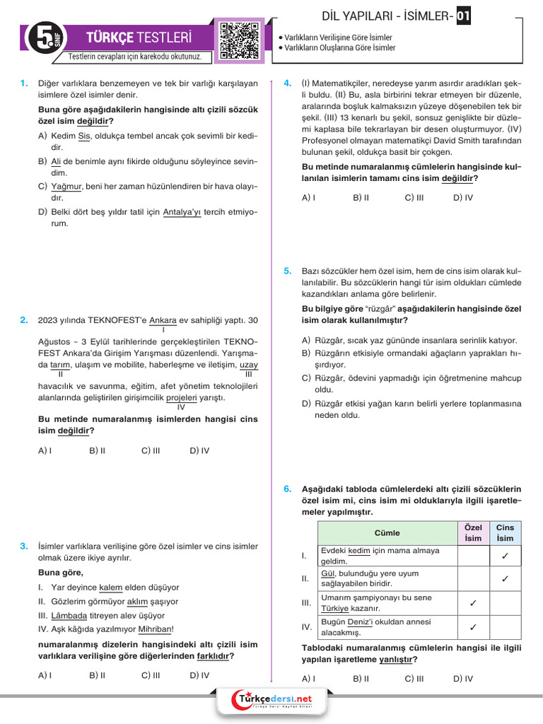 Sinif Indirilebilir Testler A Isimler 01 | PDF