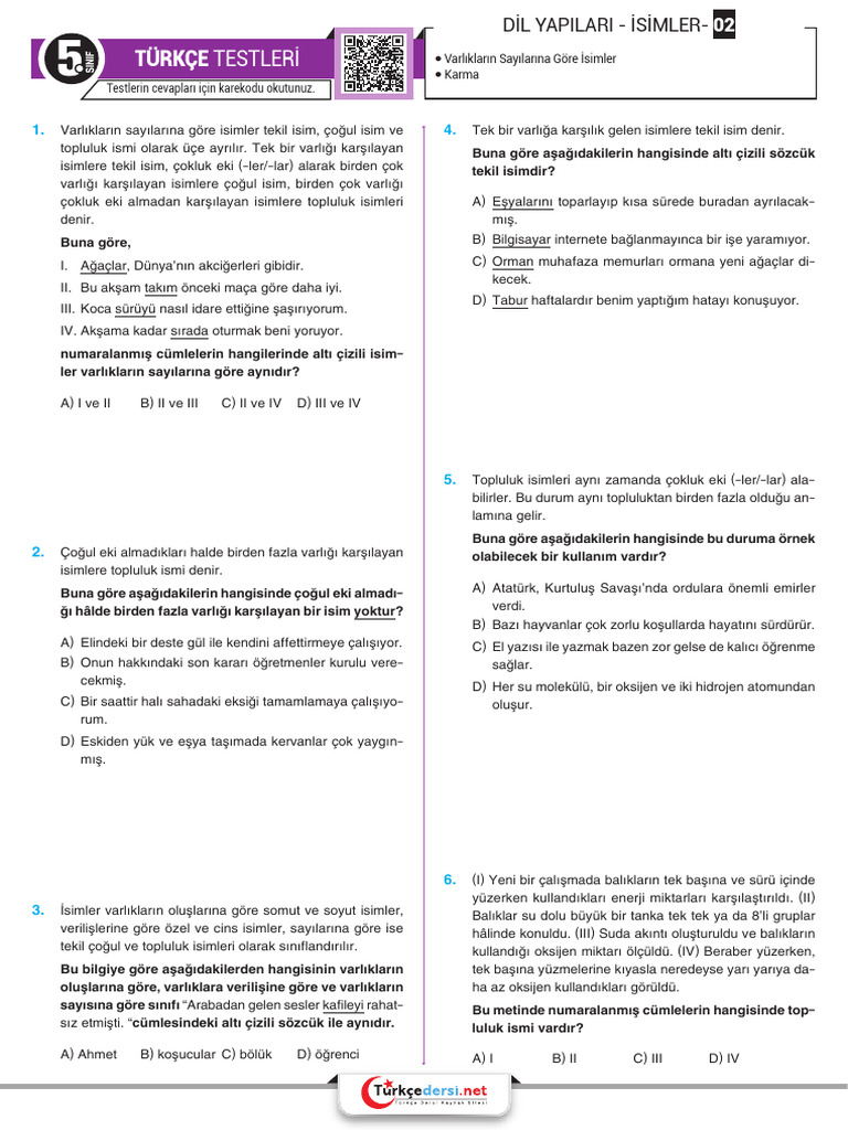 Sinif Indirilebilir Testler A Isimler 02 | PDF