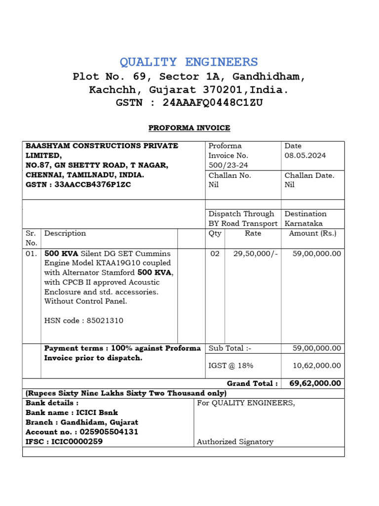 Qulaity Engineers - Proforma - 2x500KVA | PDF