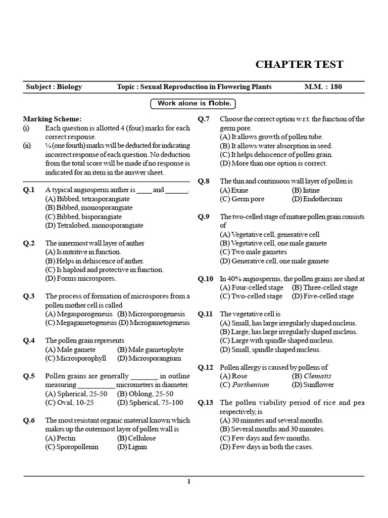 Chapter Test-24 (Sexual Reproduction in Flowering Plants) | PDF ...