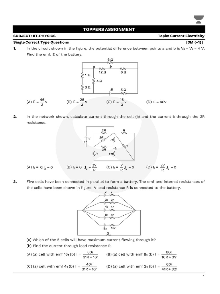 Toppers Assignment (Current Electricity) SC | PDF