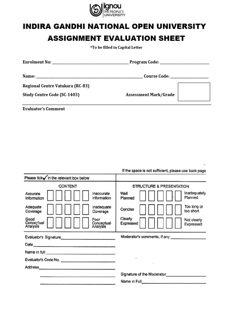 IGNOU Assignment Evaluation Sheet 2025 | PDF