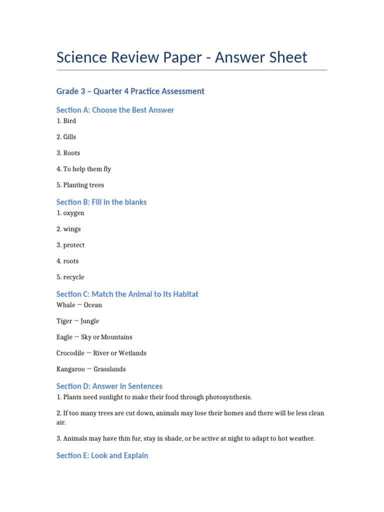 Science Review Paper Answers Grade 3 | PDF