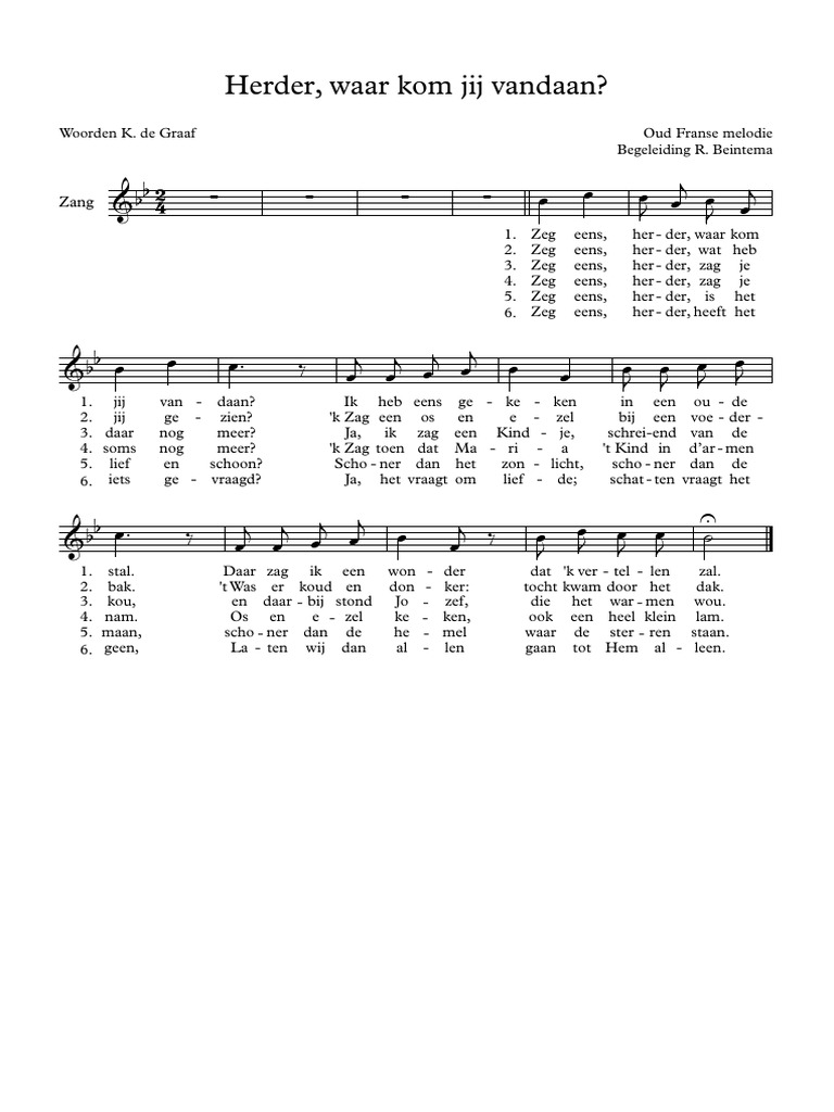 Herder, Waar Kom Jij Vandaan in As Alleen Melodie Voor BB Instrument ...