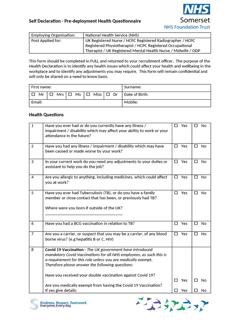 NHS Pre-deployment Health Questionnaire | PDF | Tuberculosis | Informed ...