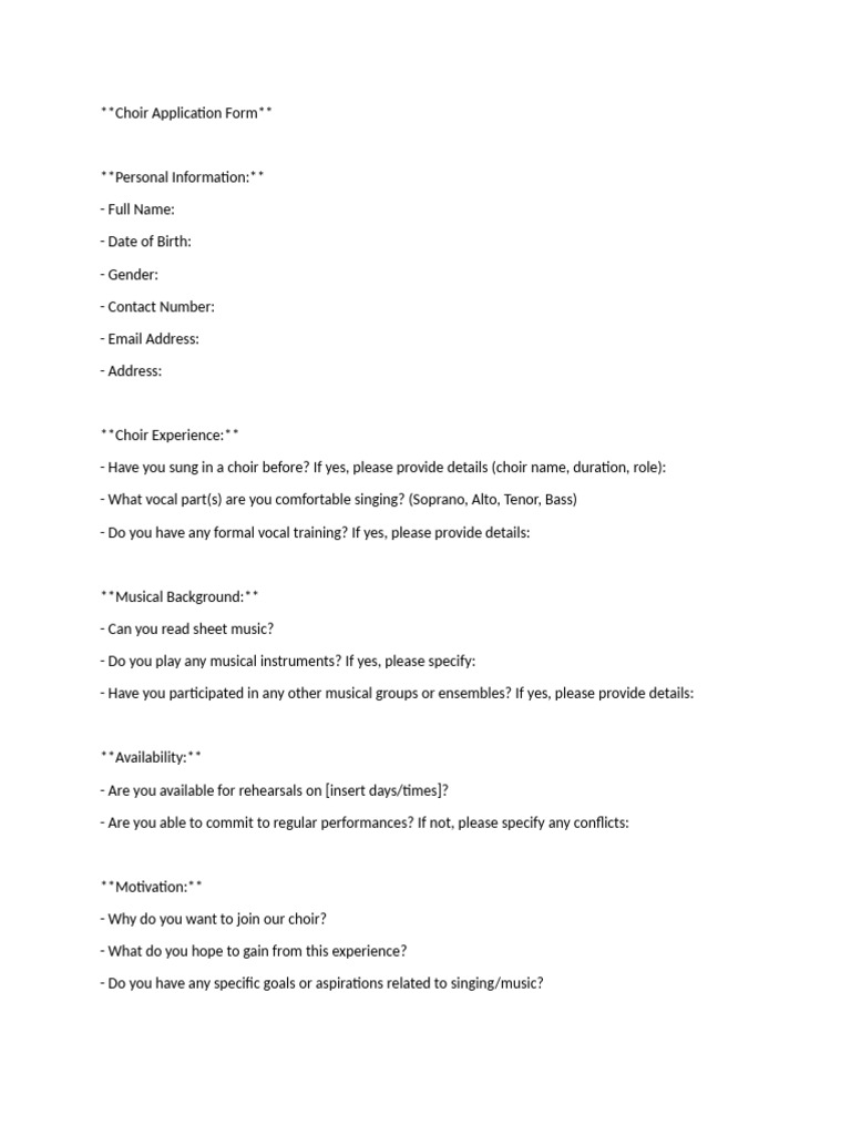 Choir Application Form Template | PDF