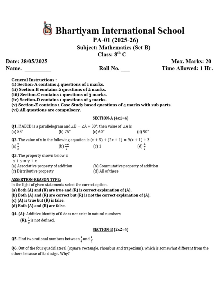 8th Class Maths SA1 Question Paper 2025 | PDF | Rectangle | Geometric ...
