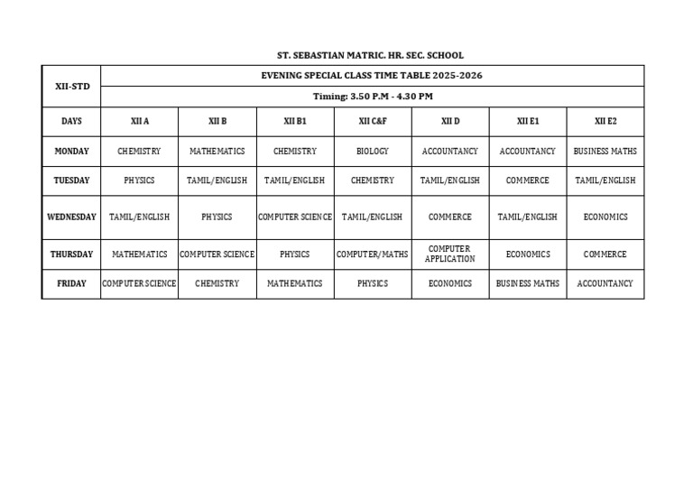Xii-Std Evening Special Class Time Table | PDF
