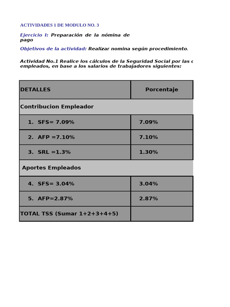 Plantilla Actividades 1 y 2 Modulo 3 Nomina de Pago, TSS y ISR Semana 2 ...