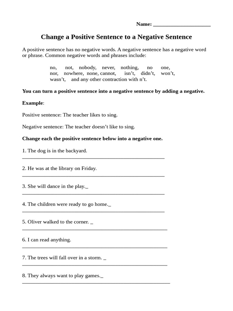 Change A Positive Sentence To A Negative Sentence | PDF
