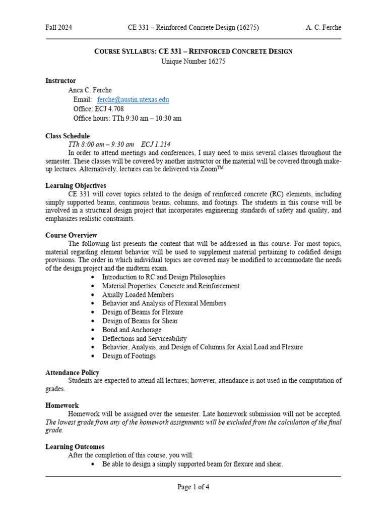 CE 331 Syllabus Reinforced Concrete | PDF | Bending | Beam (Structure)