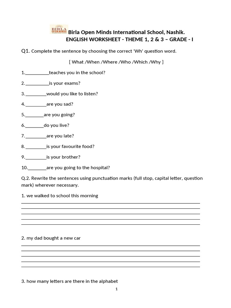 English Worksheet Theme 1,2 & 3 Grade 1 | PDF