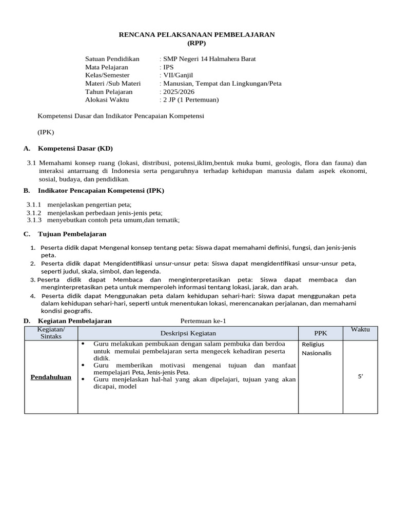 RPP Pembelajaran Peta Kelas VII IPS | PDF