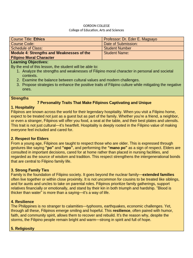 Module 8 Strengths and Weaknesses of The Filipino Moral Character | PDF | Psychological ...