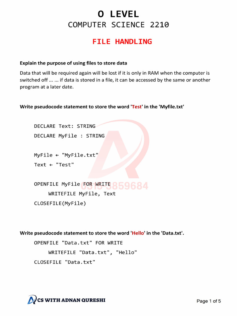 File Handling (Ol) | PDF