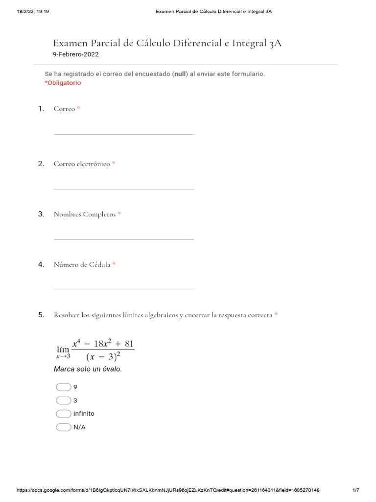 Examen 1er Parcial 3A - Formularios de Google | PDF | Integral ...