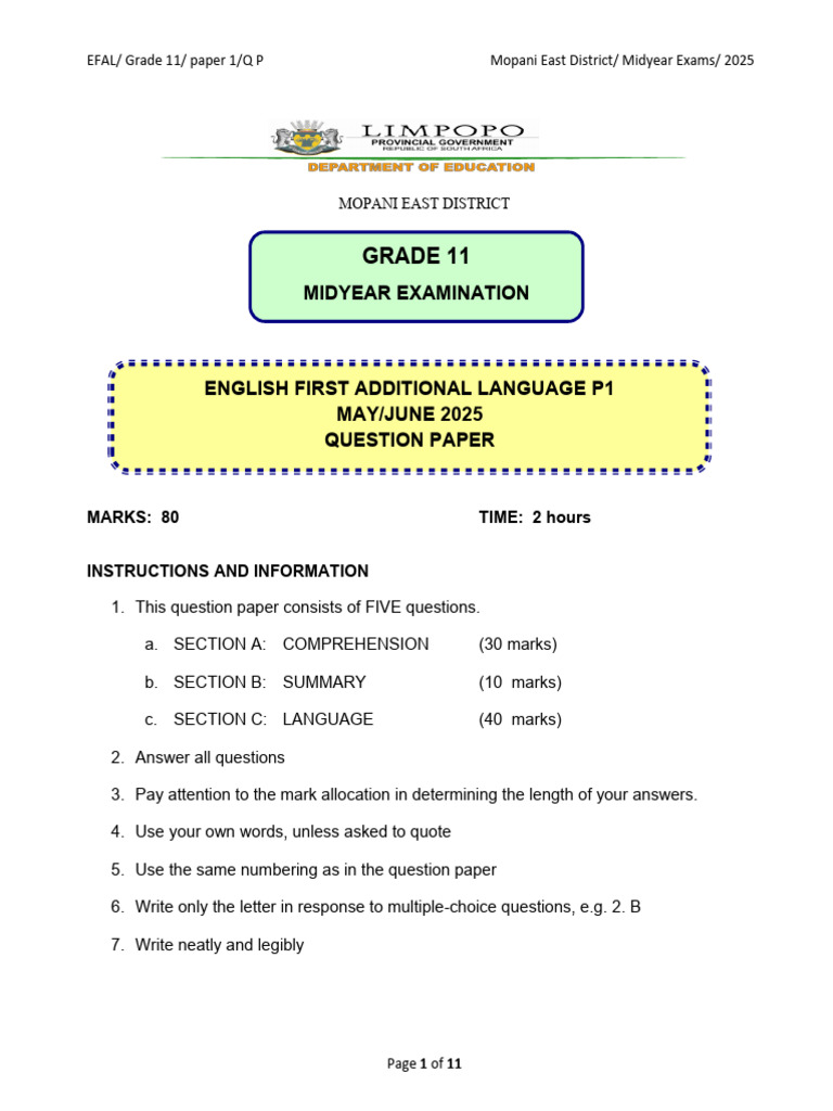English FAL Grade 11,, P1, QP Midyear Exam 2025 | PDF | Caffeine