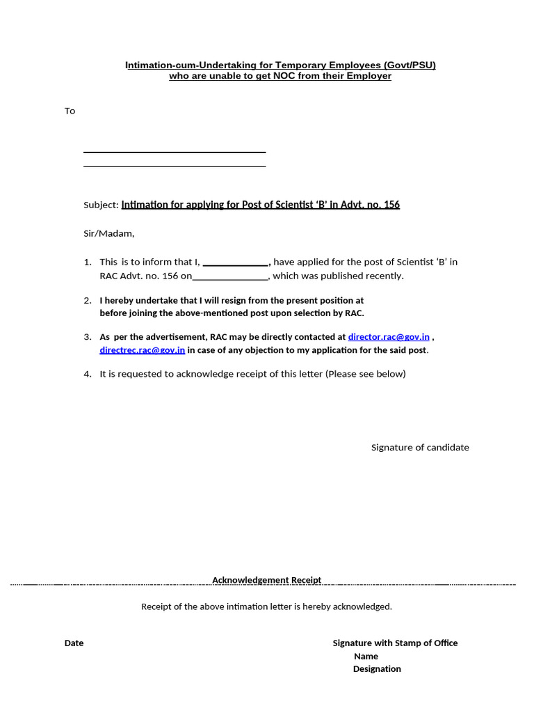 Intimation Cum Undertaking 156 | PDF