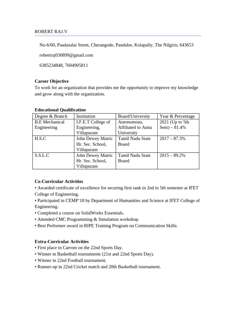 Robert Raj Resume With Apprenticeship | PDF