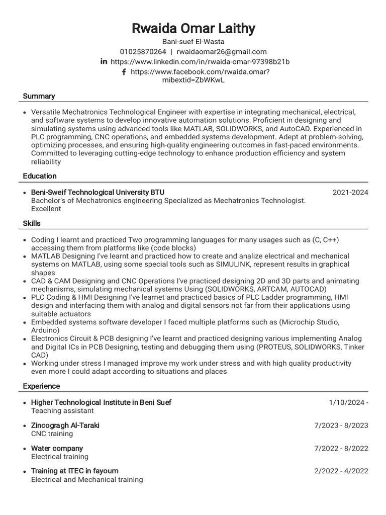 Mechatronics Engineer Resume Summary | PDF | Mechatronics ...