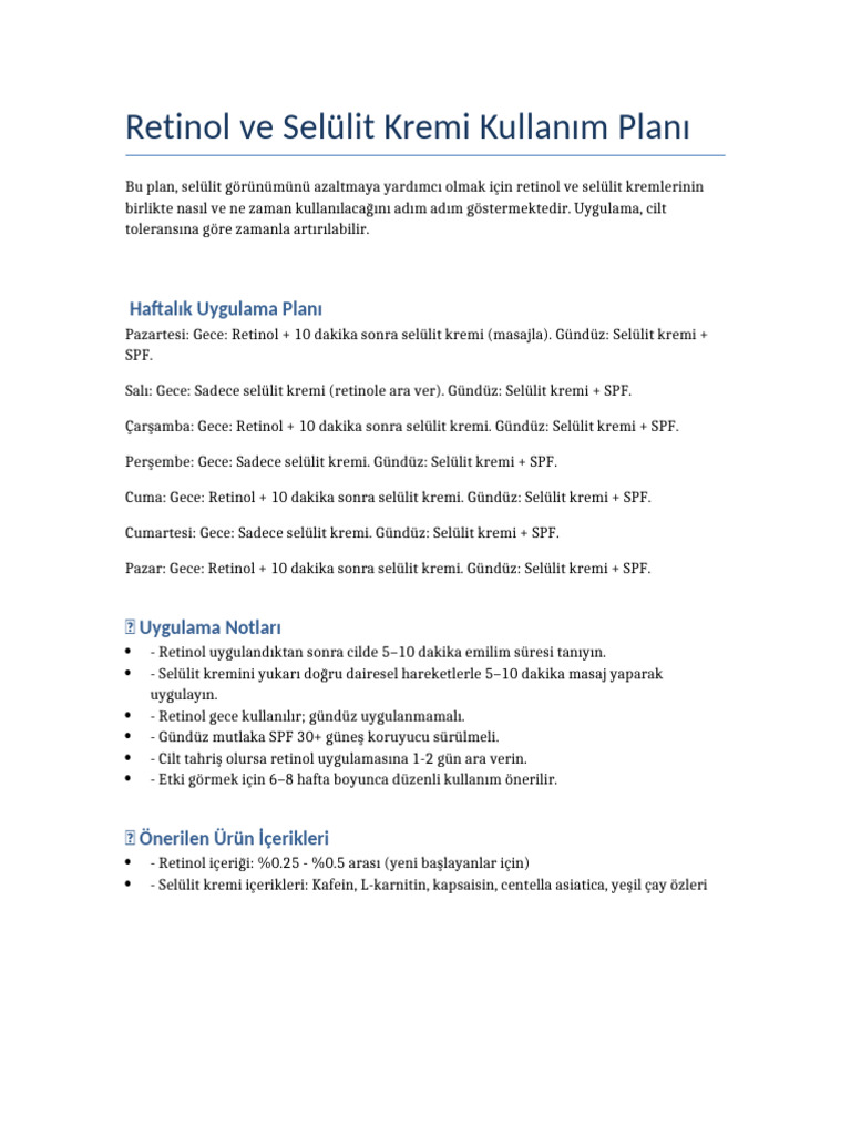 Retinol Ve Selulit Kremi Kullanim Plani | PDF