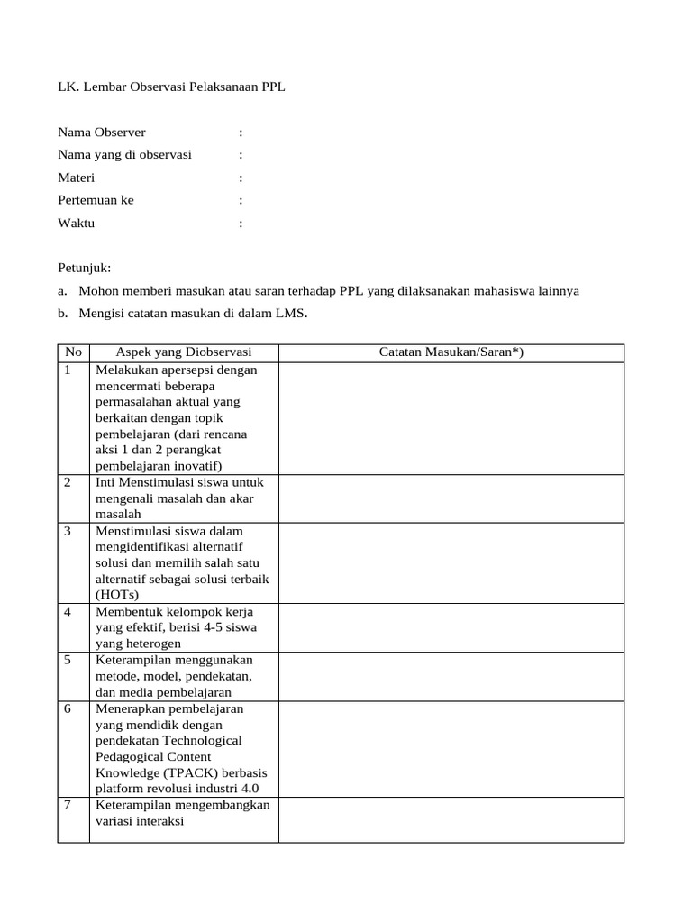 LK Lembar Observasi Pelaksanaan PPL 1 | PDF