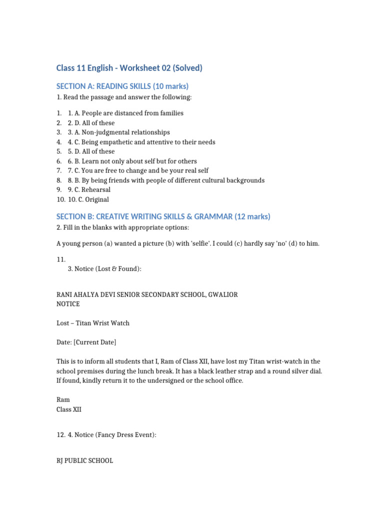 Class 11 English Worksheet 02 Solved Complete Pdf