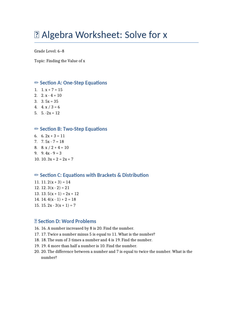 Solve for x: Algebra Worksheet | PDF