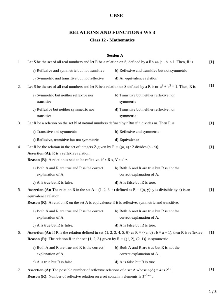 Relations and Functions WS 3 (Reflexive Relations) | PDF | Mathematics ...