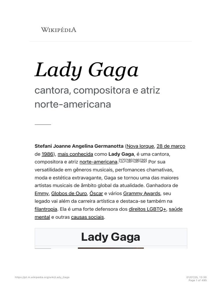 Lady Gaga – Wikipédia, a enciclopédia livre | PDF | Lady Gaga