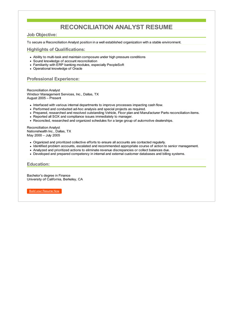 Reconciliation Analyst Resume | PDF