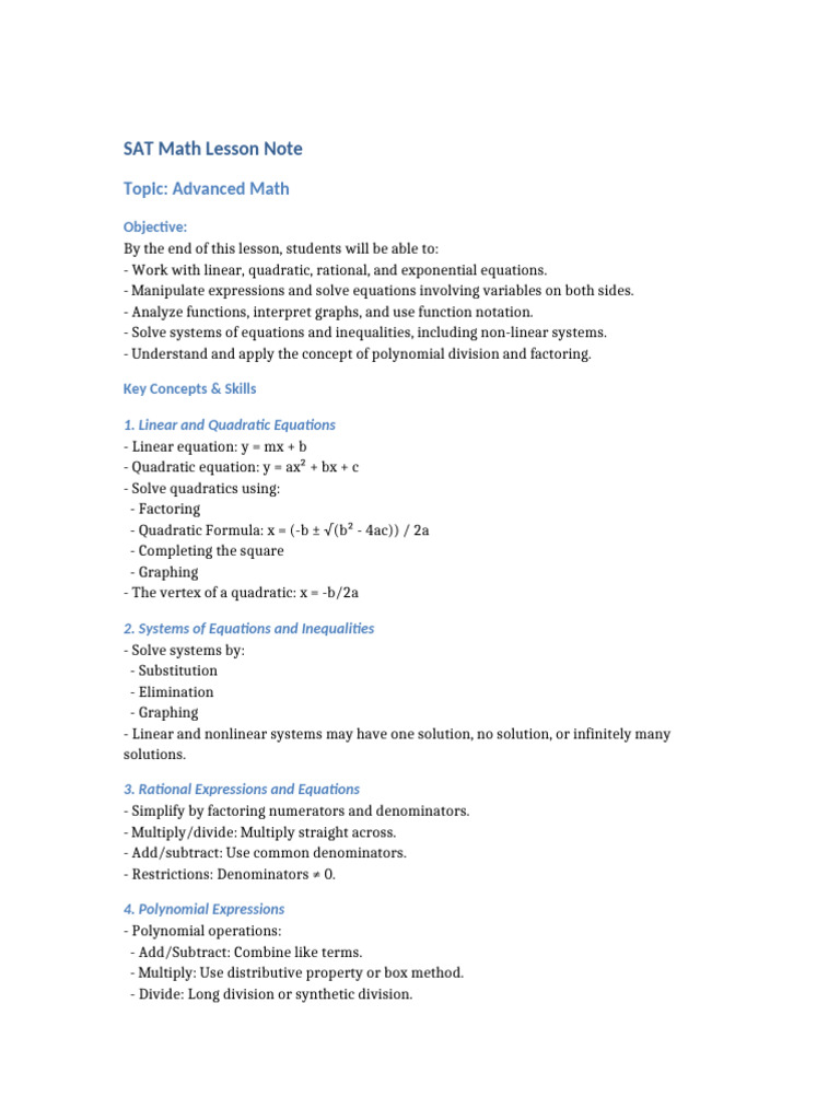 Advanced SAT Math Strategies Guide | PDF | Quadratic Equation | Polynomial