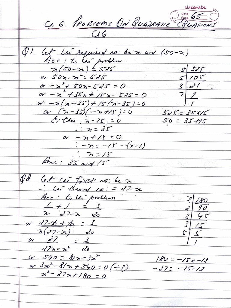 Ch6 Problems On Quadratic Equations | PDF