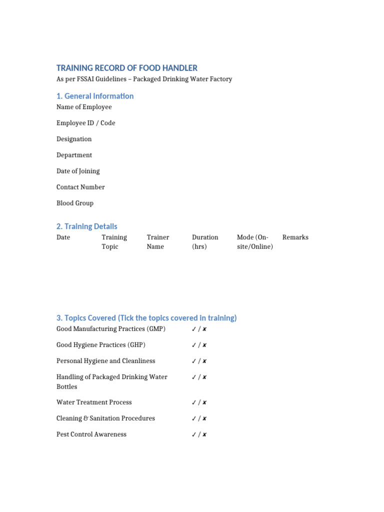 FSSAI Training Record Packaged Water | PDF