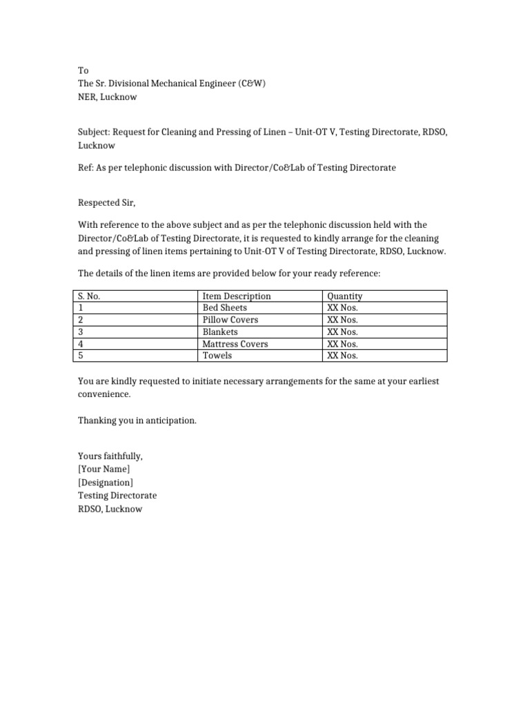 Cleaning Linen Request RDSO | PDF