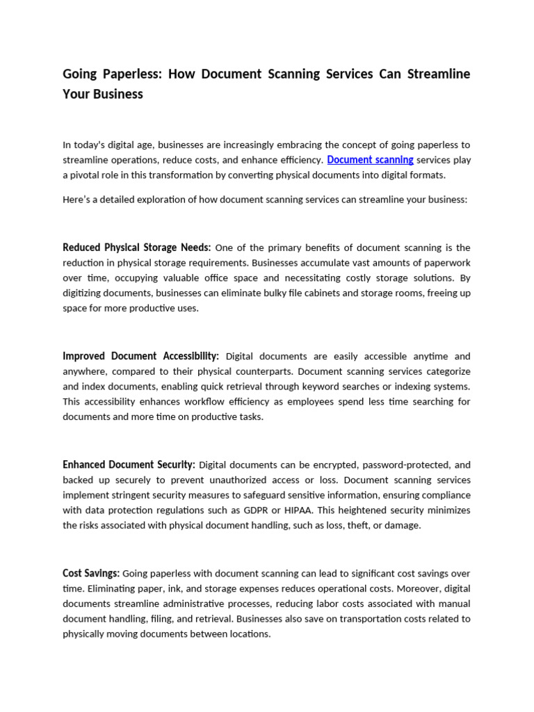 Going Paperless How Document Scanning Services Can Streamline Your Business | PDF | Regulatory ...