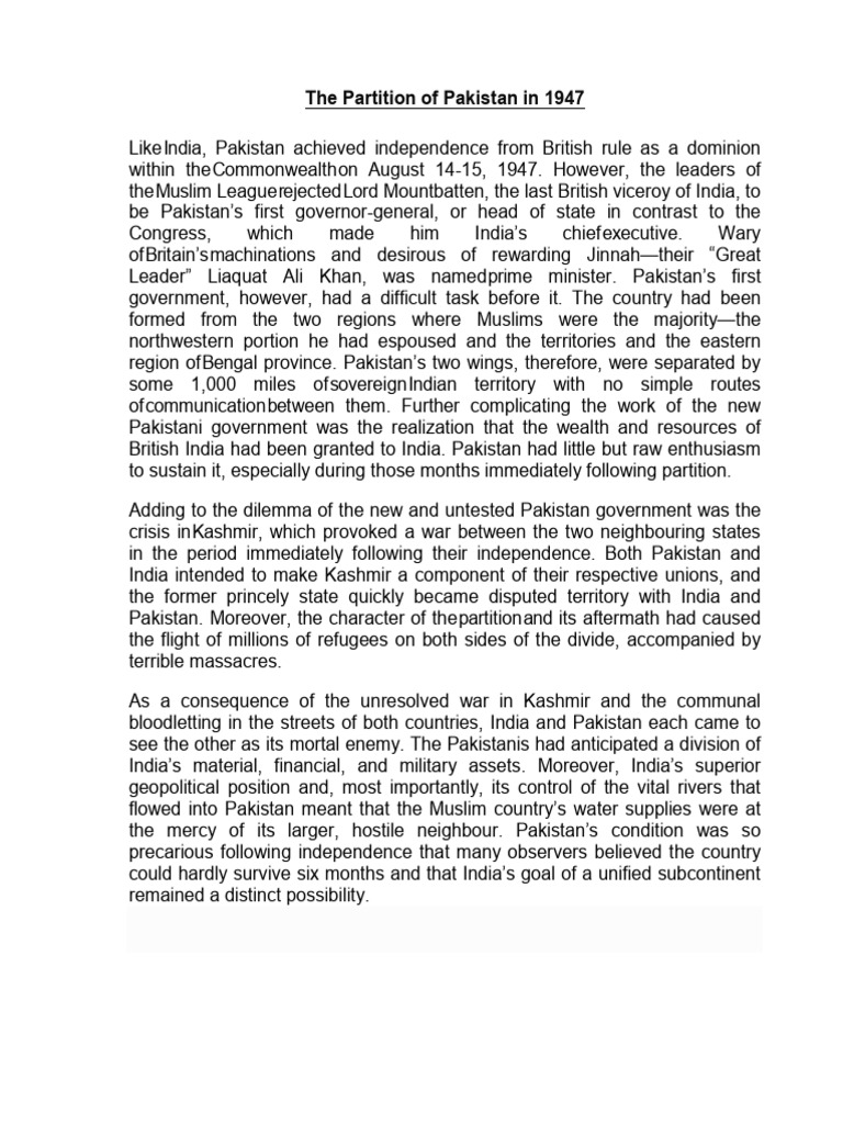 Partition and Independence of Pakistan | PDF | Partition Of India ...