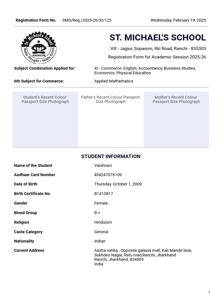 St. Michael's School Registration Form | PDF