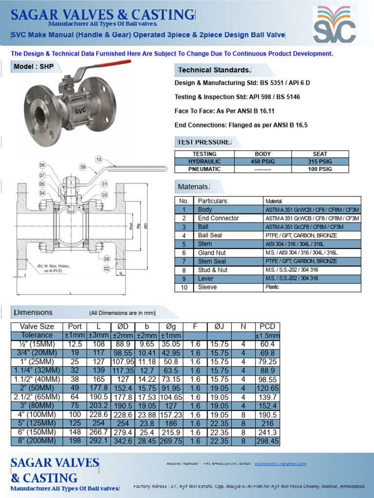 SVC SHP 3pc Ball Valve | PDF | Valve | Mechanical Engineering