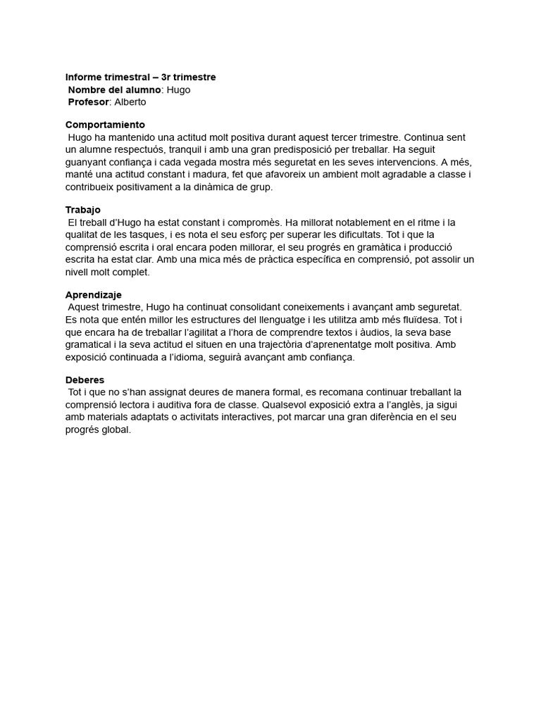 Informe Trimestral - 3r Trimestre Hugo | PDF