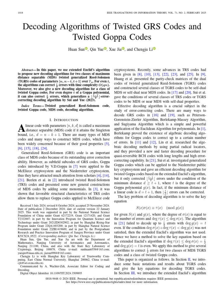 Decoding Algorithms Of Twisted Grs Codes And Twisted Goppa Codes Pdf Algorithms Applied