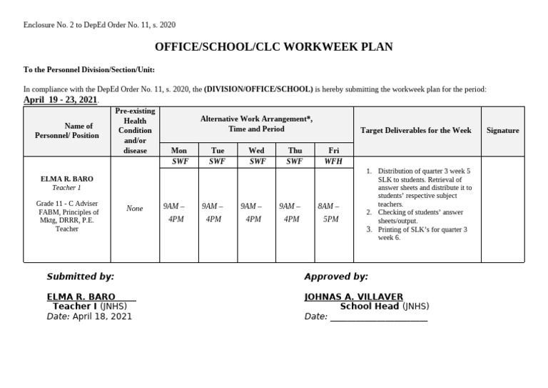 April 19 23 Workweek Plan EBaro | PDF