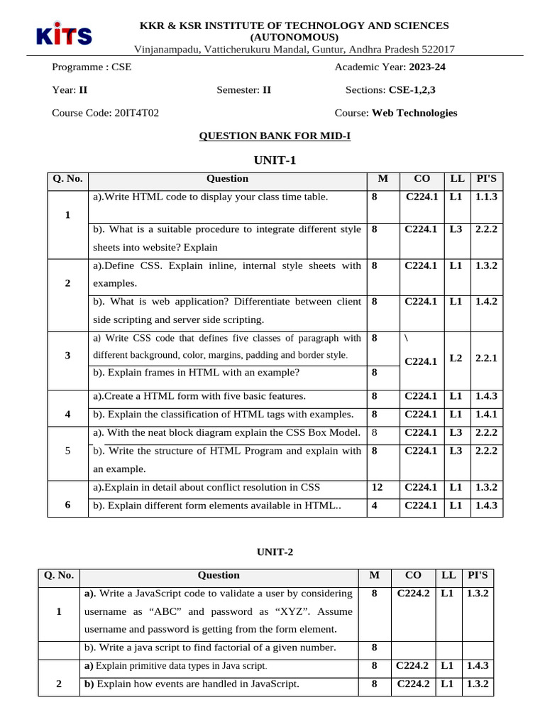 WT Question Bank Mid-I | PDF | Java Script | Xml