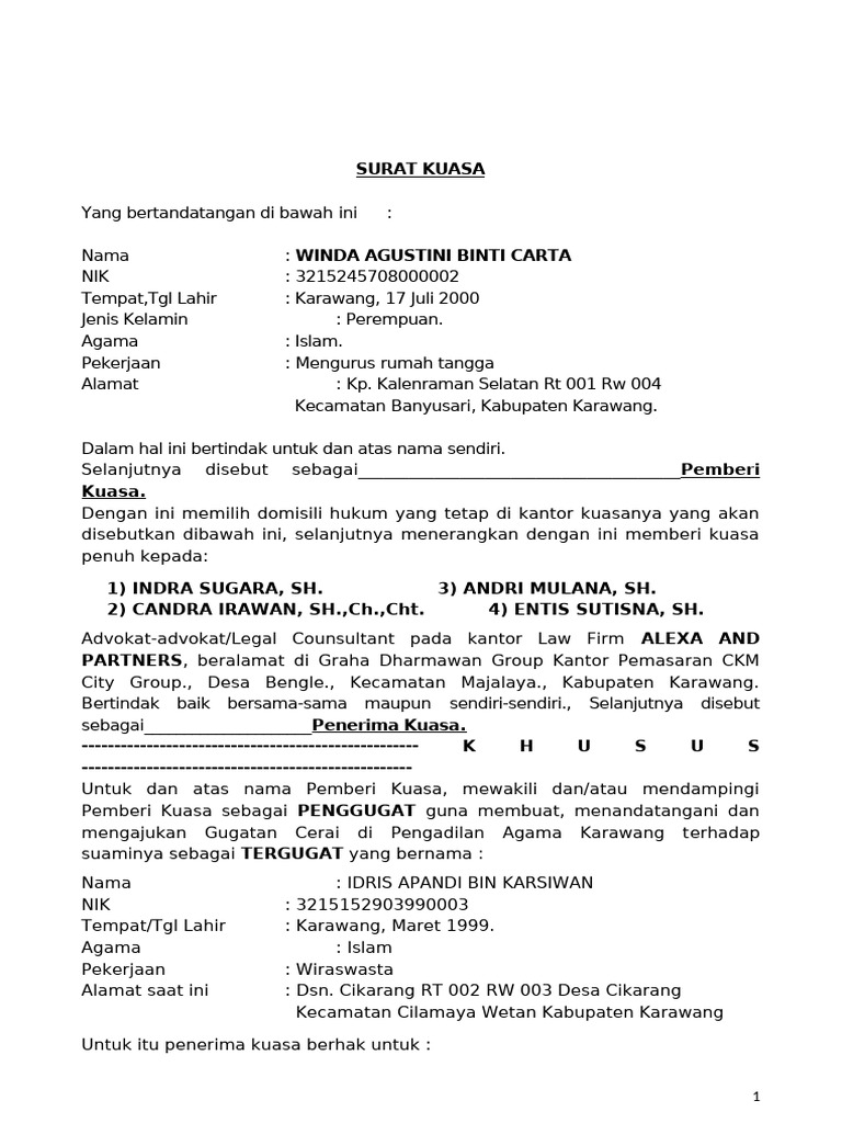 Surat Kuasa Khusus Cerai | PDF