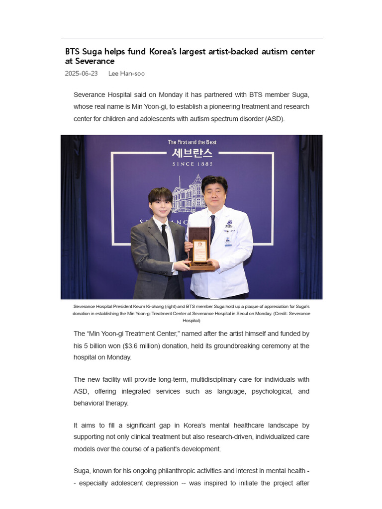 BTS Suga Helps Fund Korea's Largest Artist-Backed Autism Center at Severance | PDF | Autism ...